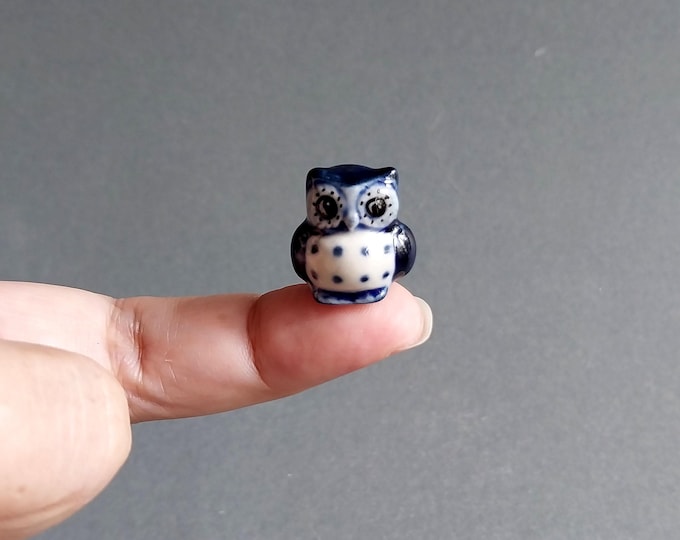 Micro Tiny Miniature Ceramic Animal Figurine Owl Bird Delft Blue White ...