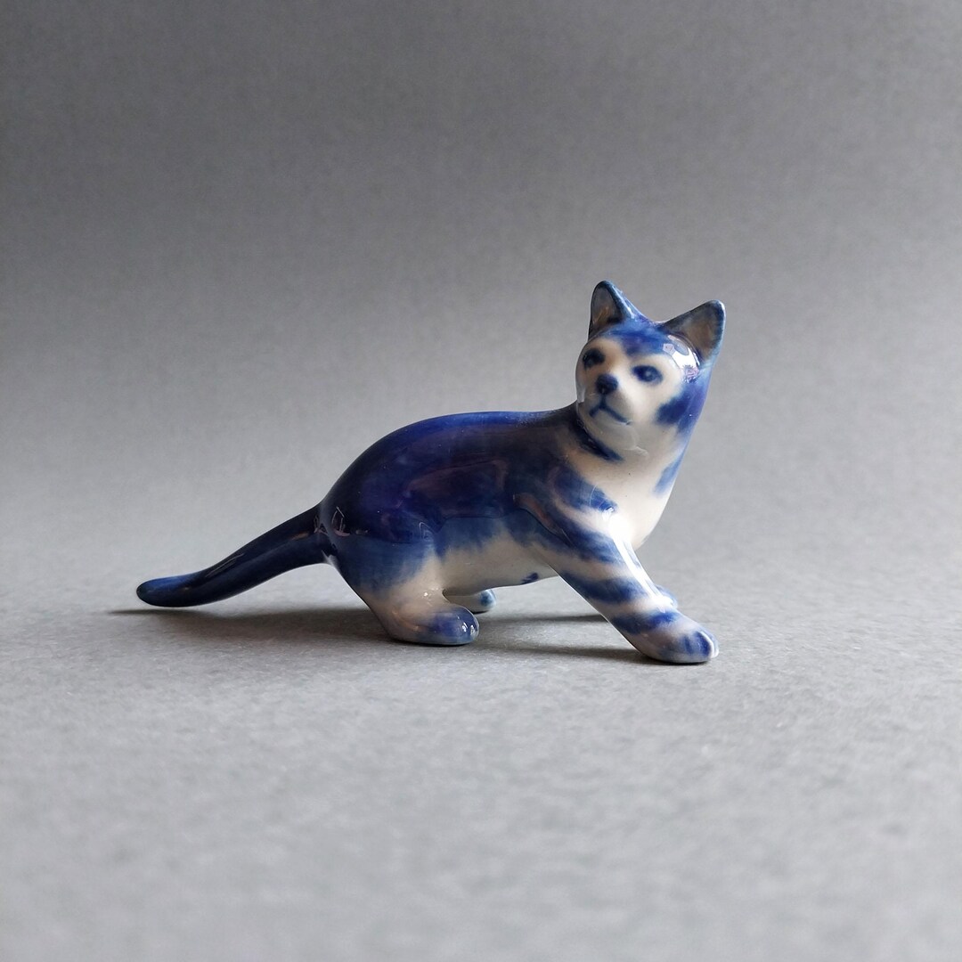 Miniature Blue Cat Ceramic Figurine Porcelain Animal Small Pet Kitty ...