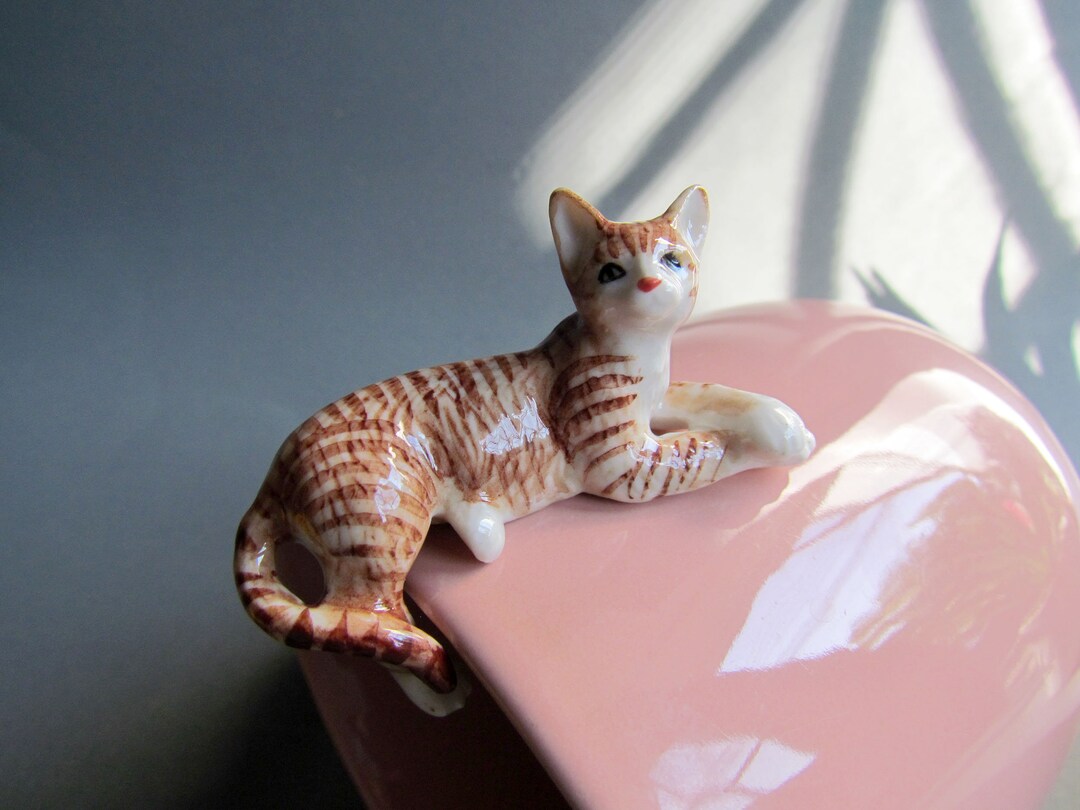 Cat Miniature Ceramic Porcelain Animal Figurine Cat Tabby Collectible ...