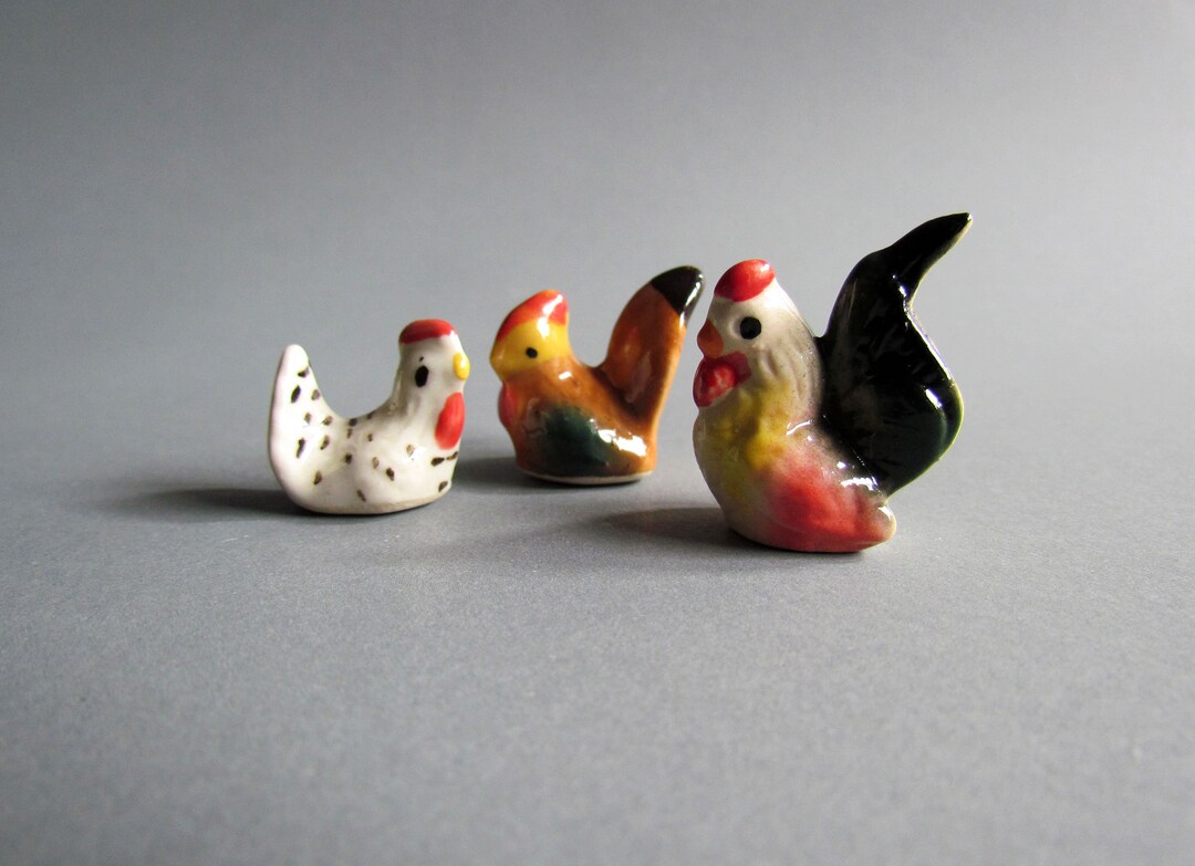 3pcs Tiny Rooster Chicken Hen Small Farm Animal Miniature Ceramic ...
