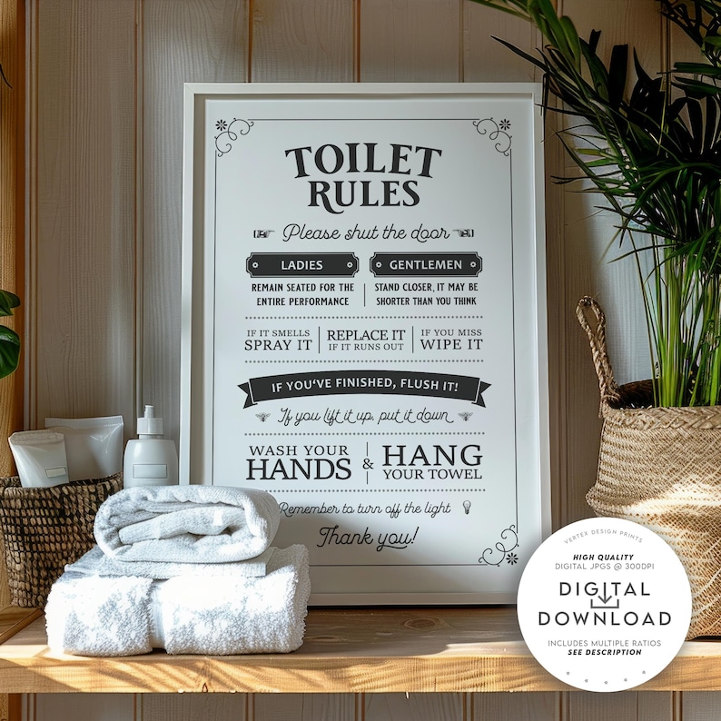 Simple Toilet Rules Poster | Bathroom Decor | Restroom Wall Art Print ...