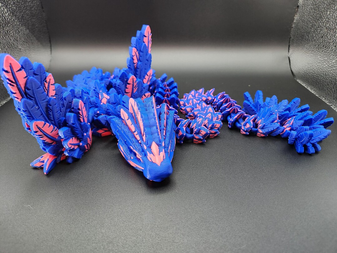 3D Printed Winged Serpent Dragon With Feathers | Articulated Blue and ...