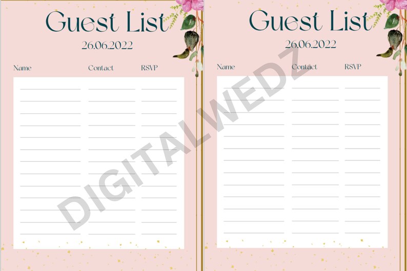 Digital Wedding EVENT RSVP TRACKER, Floral Wedding Planning Guest List ...