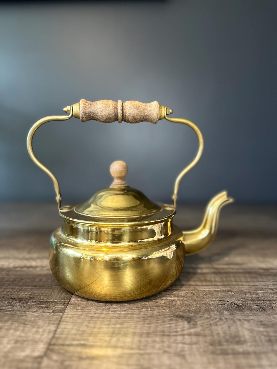 Rustic Charm: Vintage Brass Kettle With Wooden Handle, MCM Vintage - Etsy