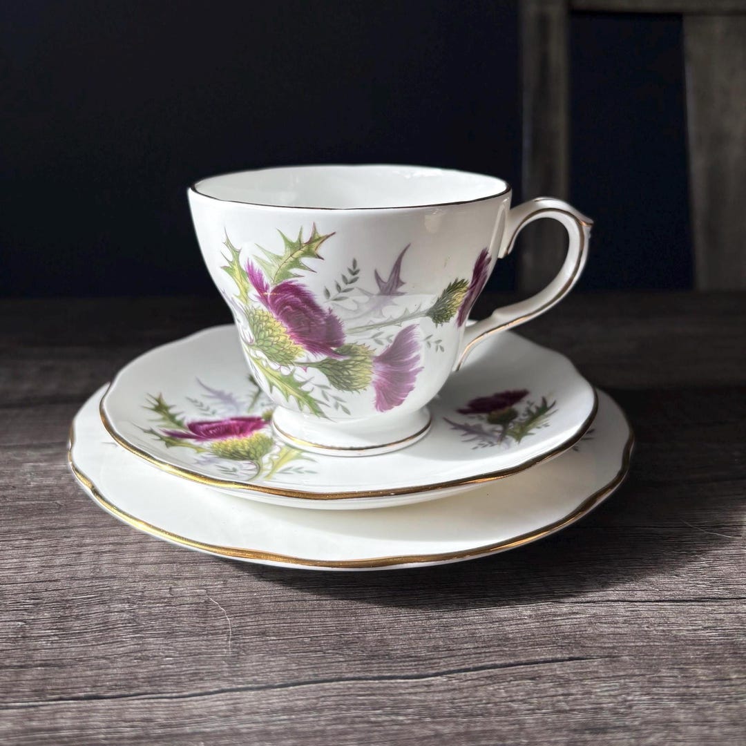 Vintage Highland Beauty Bone China Teacup Trio – Scottish Thistle, Gold ...