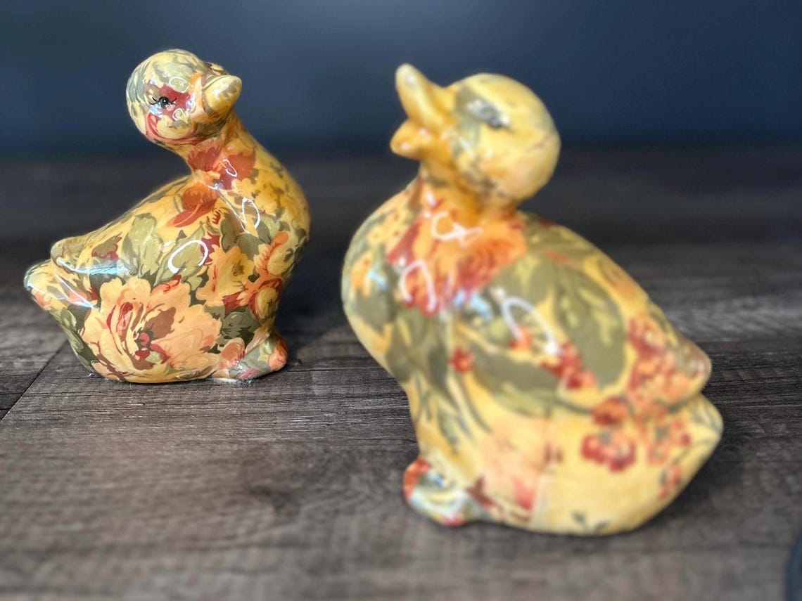 Floral Duck Decor in Ceramic Vintage-inspired Decoupage Style Figurine ...