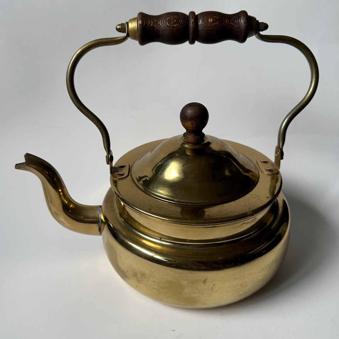 Vintage Brass Kettle With Wooden Handle – Rustic Cottagecore Kitchen ...