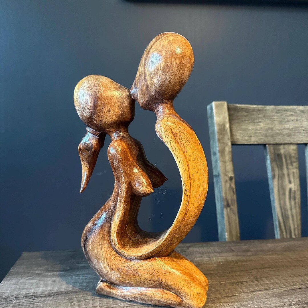 Hand Carved 12” Wooden Sculpture – Wedding Kissing Couple - Abstract ...