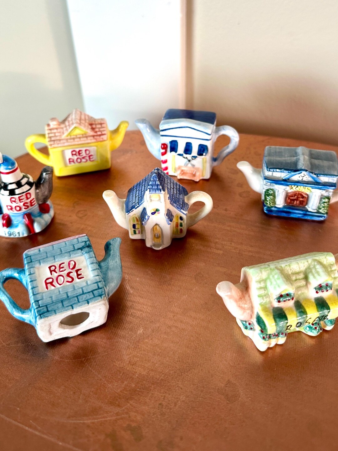 Vintage Rare Red Rose Tea Miniature Ceramic Teapot Set of 7 Exclusively ...