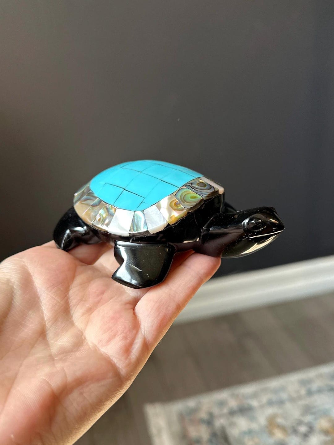 Vintage Crystal Obsidian Turtle, Mother of Pearl Shell, Coastal Home ...