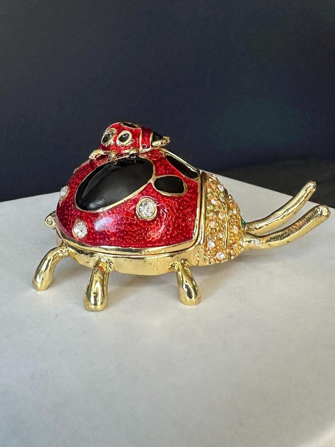 Vintage Ladybug With Baby Trinket Ring Box Enamel and Gold-tone ...