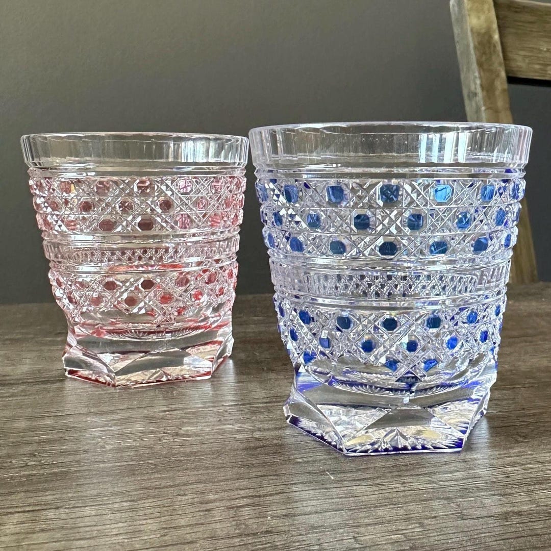 Large Shot Glasses – Edo Kiriko Style Cut Glass – Red & Blue Overlay ...