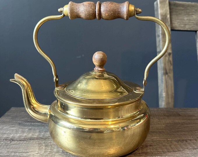 Vintage Brass Kettle With Wooden Handle – Rustic Cottagecore Kitchen ...