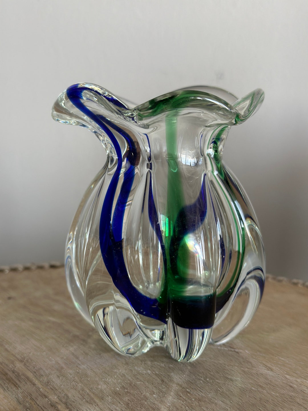Bud Vase Blown Glass Fluted Collar Blue & Green Swirls - Etsy