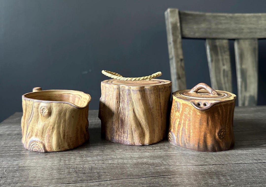 Japanese Ceramic Textured Tree Stump Tea Set – Teapot, Creamer, Sugar ...