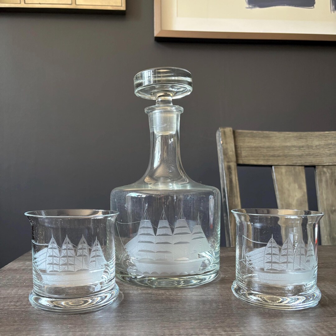 Vintage Etched Ship Decanter Set – Sailboat Barware With Glasses ...