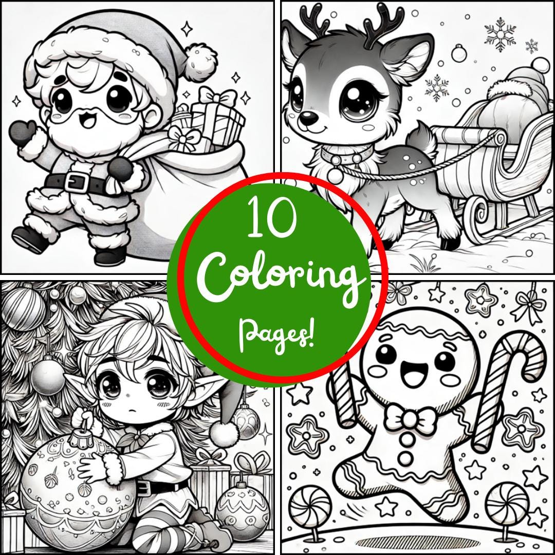 Festive Christmas Coloring Pages 10 Thick-lined Pages Chibi Christmas ...