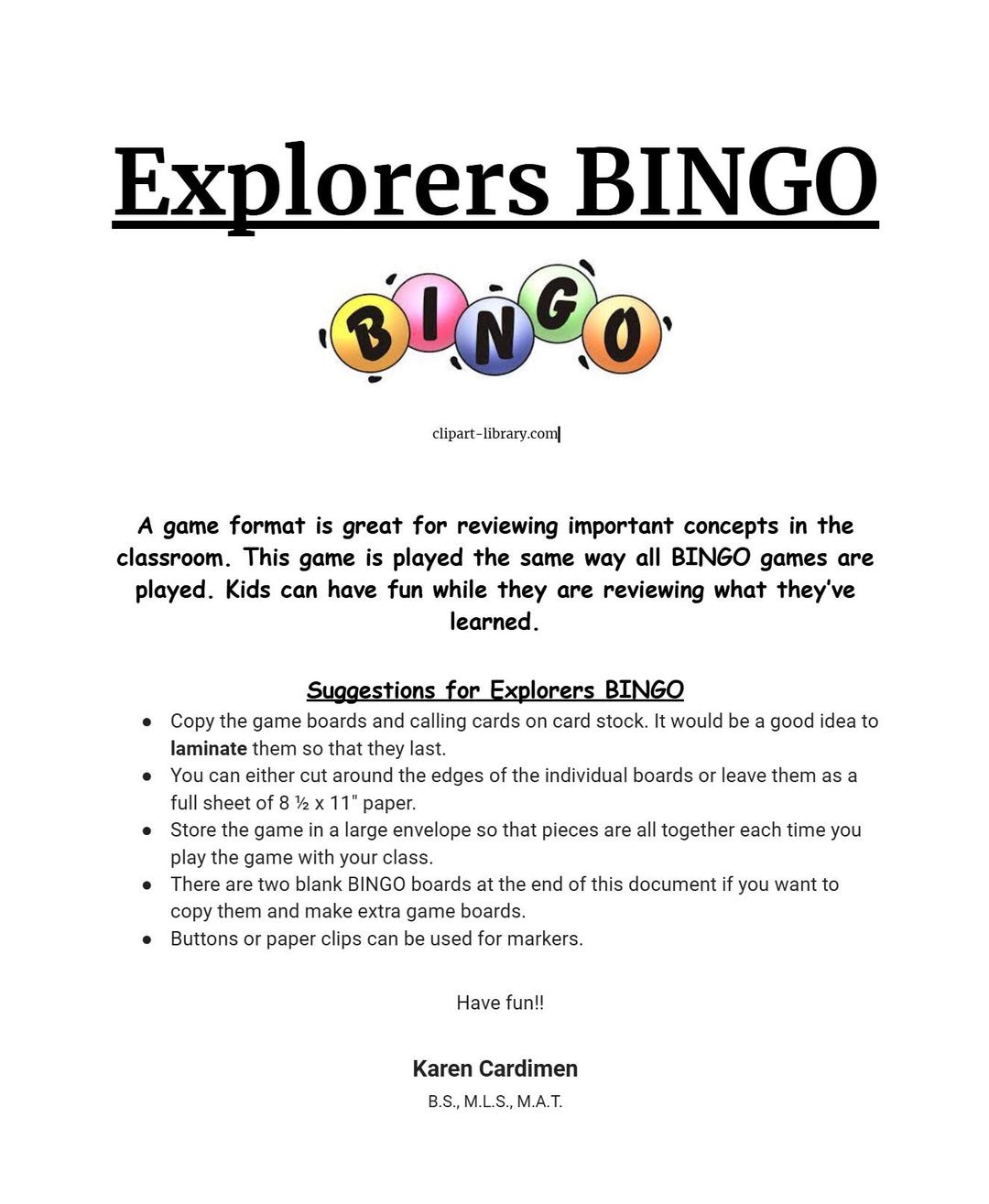 EXPLORERS Bingo Game - Age of Exploration - Educational Games and ...