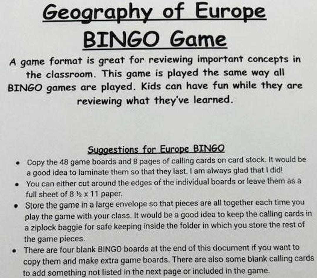 Geography of Europe BINGO Game - Grades 6-12 - Digital Download - Etsy