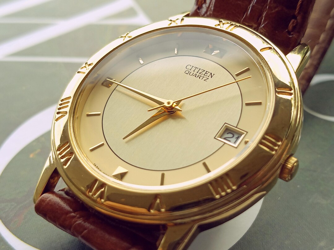 Citizen 1994 Men's Quartz Calendar Watch Gold Tone Dial Leather Strap ...