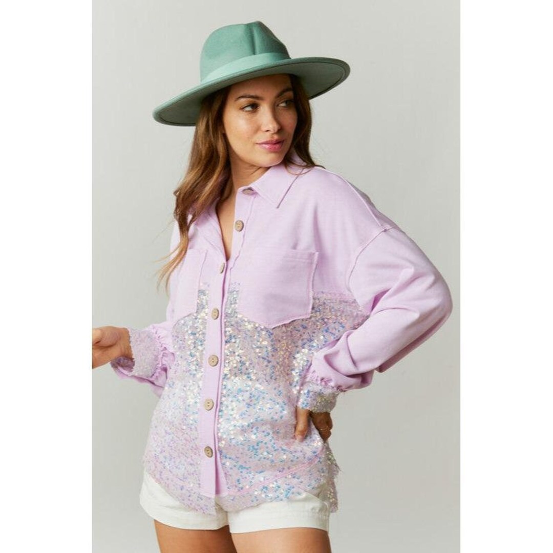 All Things Bling Sequin Contrast Color Block Shacket in Lavender - Etsy