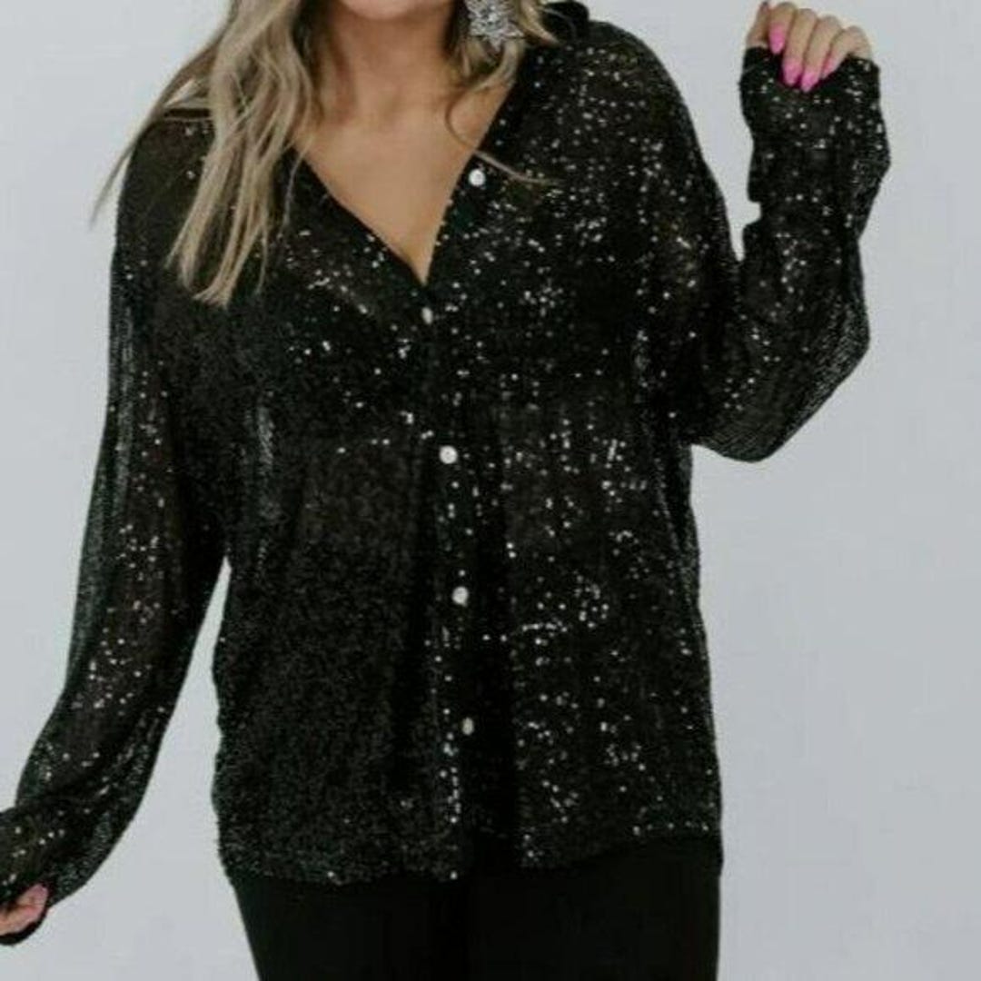 Life's a Party Sequin Button-up Shirt in Black - Etsy