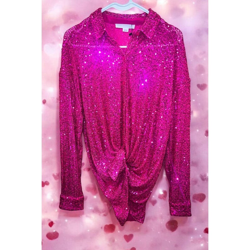 Sparkle on Sequin Mesh Button Down Top in Hot Pink - Etsy