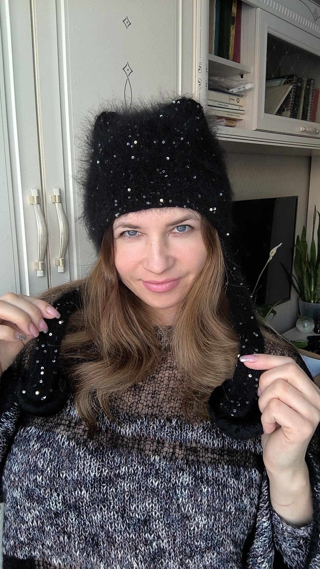 Angora Cat Ear Bonnet Fluffy Kitty Sequin Bonnet With Pompons - Etsy