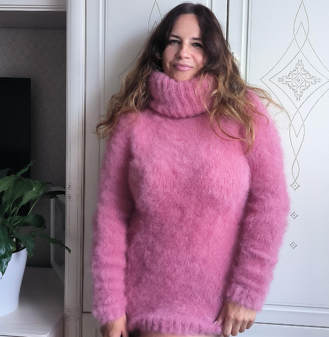 Fuzzy Mohair Sweater Turtleneck Woman, Pink Mohair Dress - Etsy