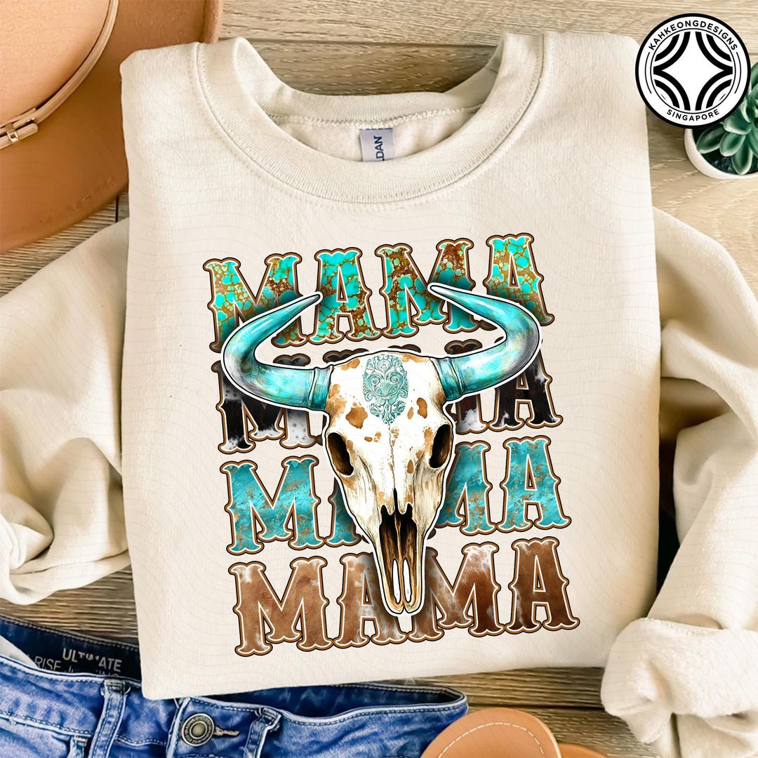 Retro Western Mama Png, Brown and Turquoise Cow Skull Png, Howdy Mom ...
