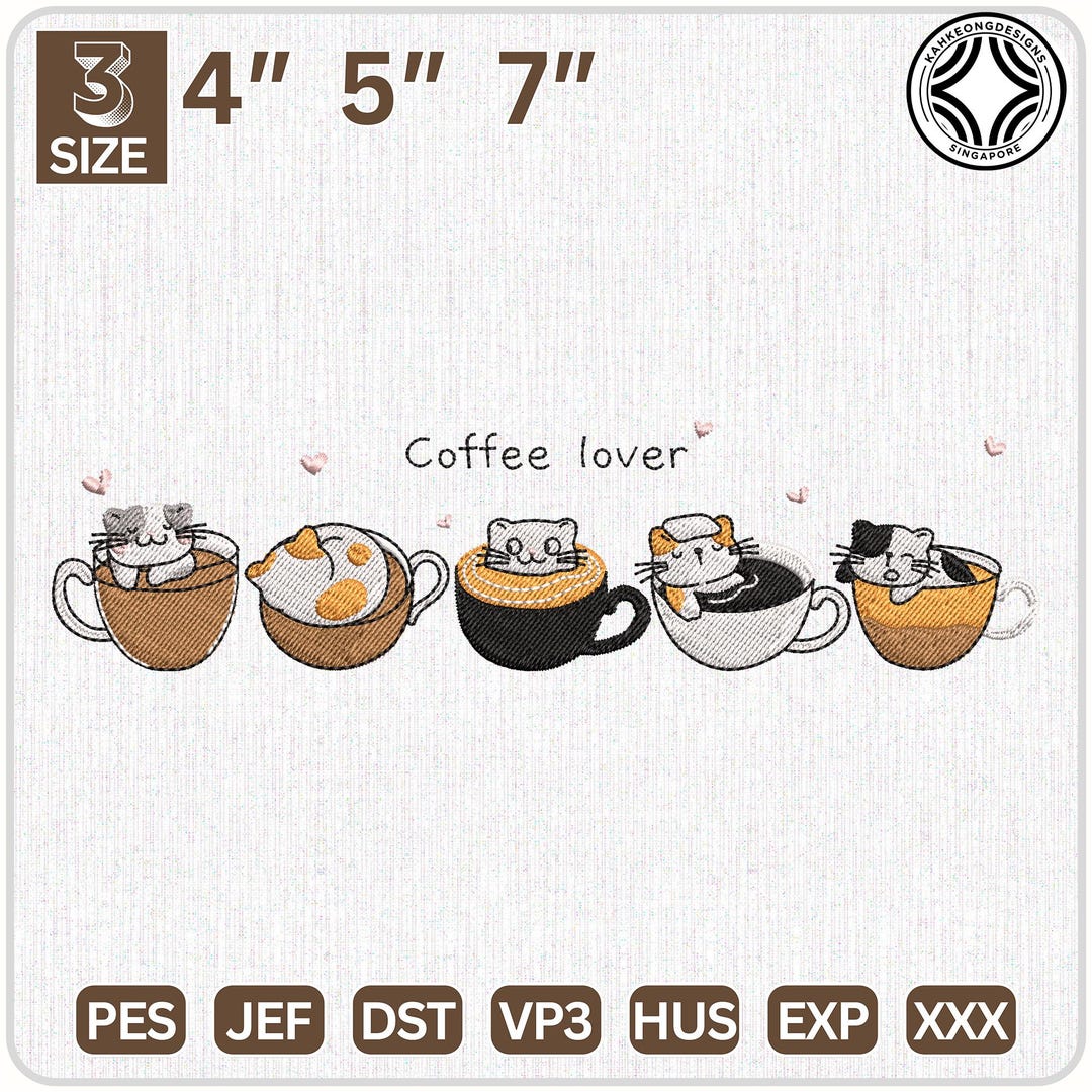 Cute Coffee Cat Embroidery Design, Funny Cat Embroidery File, Animal ...