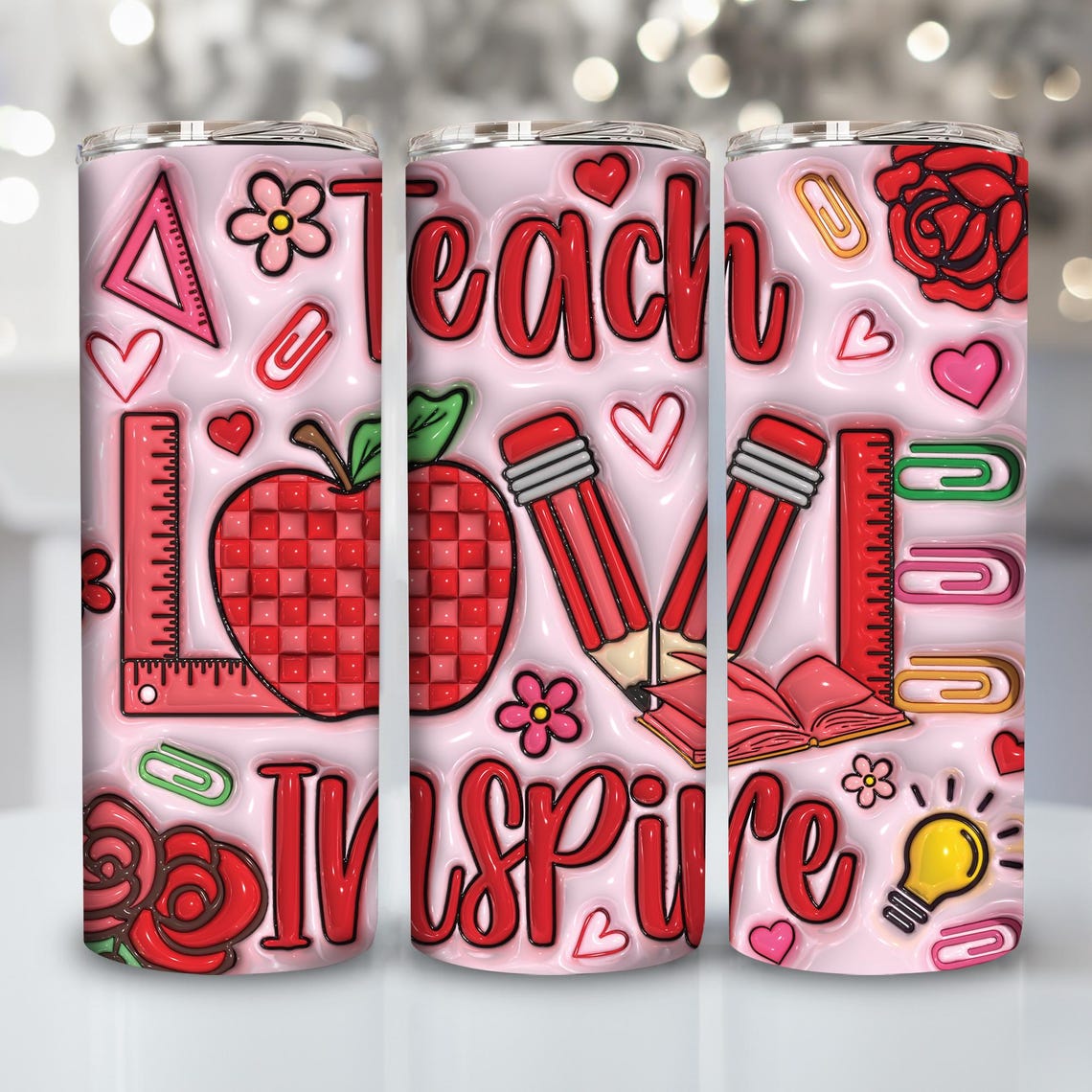3D Inflated Teach Love Inspire, Puffy Teacher Rainbow Tumbler, Pink ...