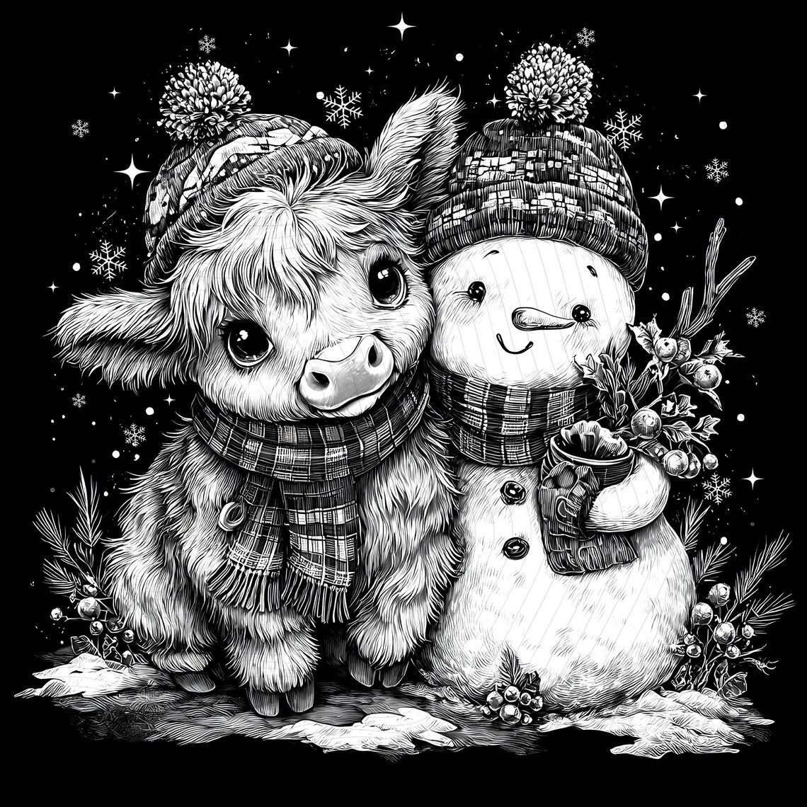 Vintage Highland Cow With Snowman Png, Christmas Retro Png, Christmas ...
