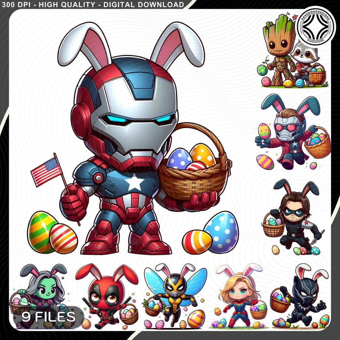 8+ Chibi Superhero Easter Cartoon Png Bundle, Cartoon Easter Png, Happy ...