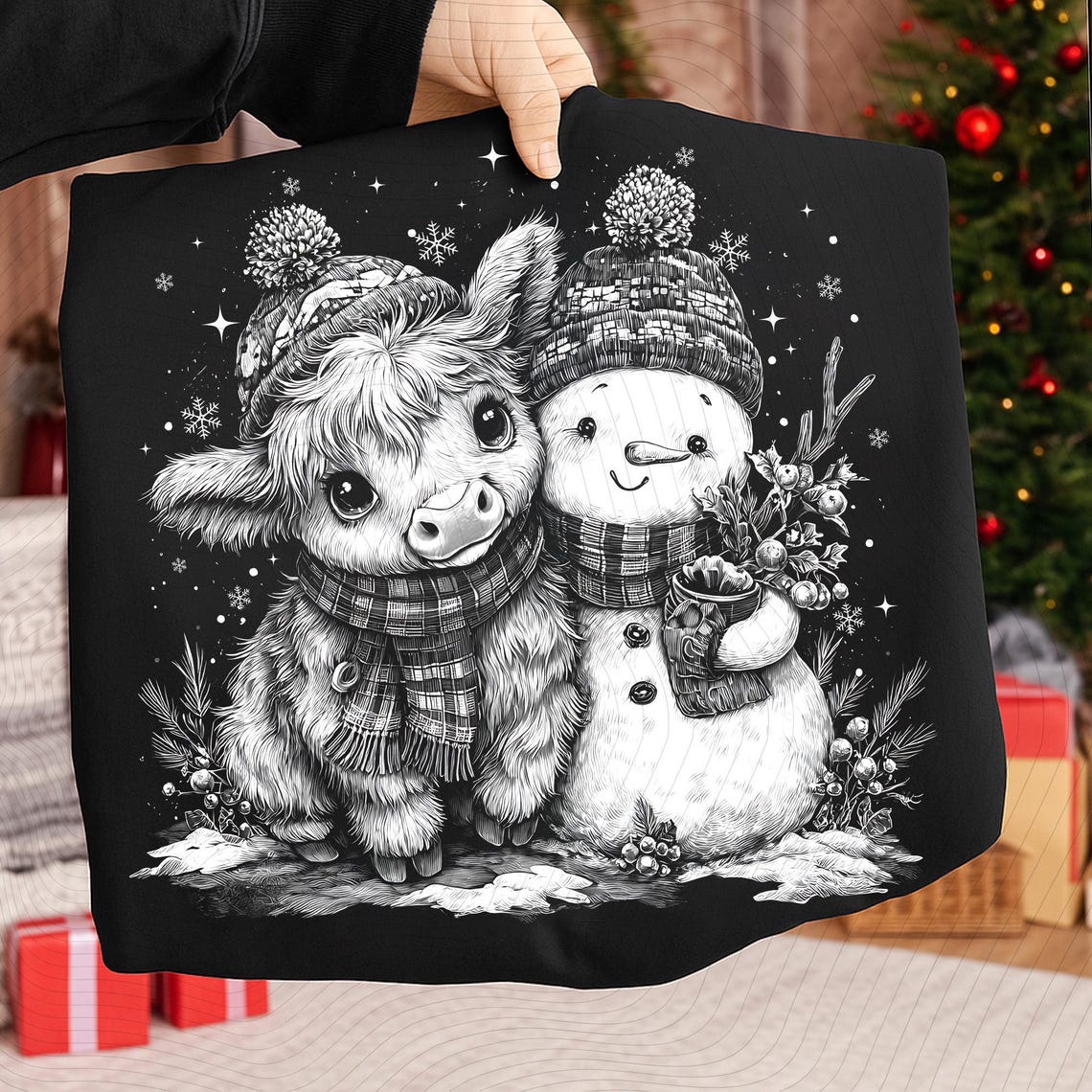 Vintage Highland Cow With Snowman Png, Christmas Retro Png, Christmas ...