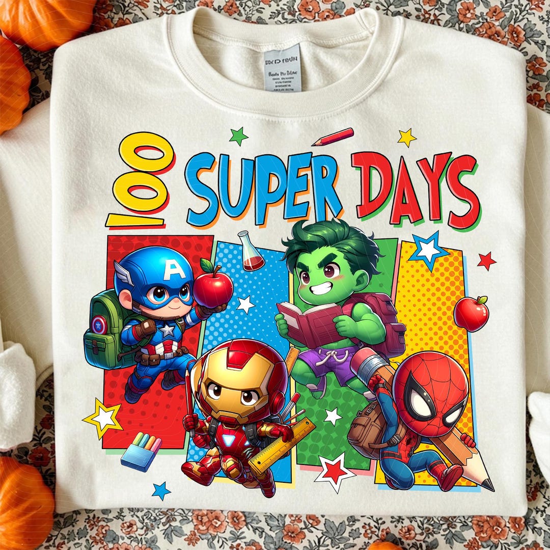 Superhero 100 Days of School PNG, School 100th Day Cartoon Shirt Png ...