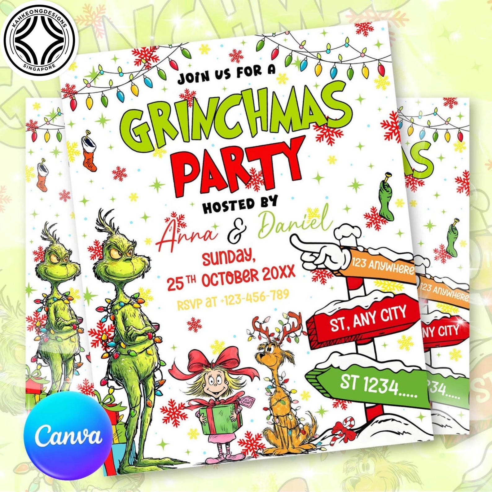 Editable Green Guy Party Invitation, Merry Christmas Invitation, Green ...