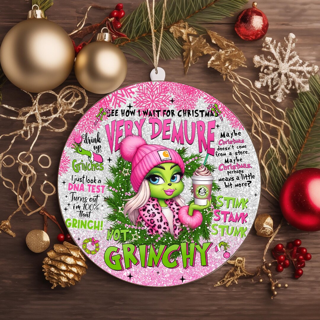 Pink Very Demure Not Greenchy Png, Christmas Cartoon Mean Guy Ornament ...