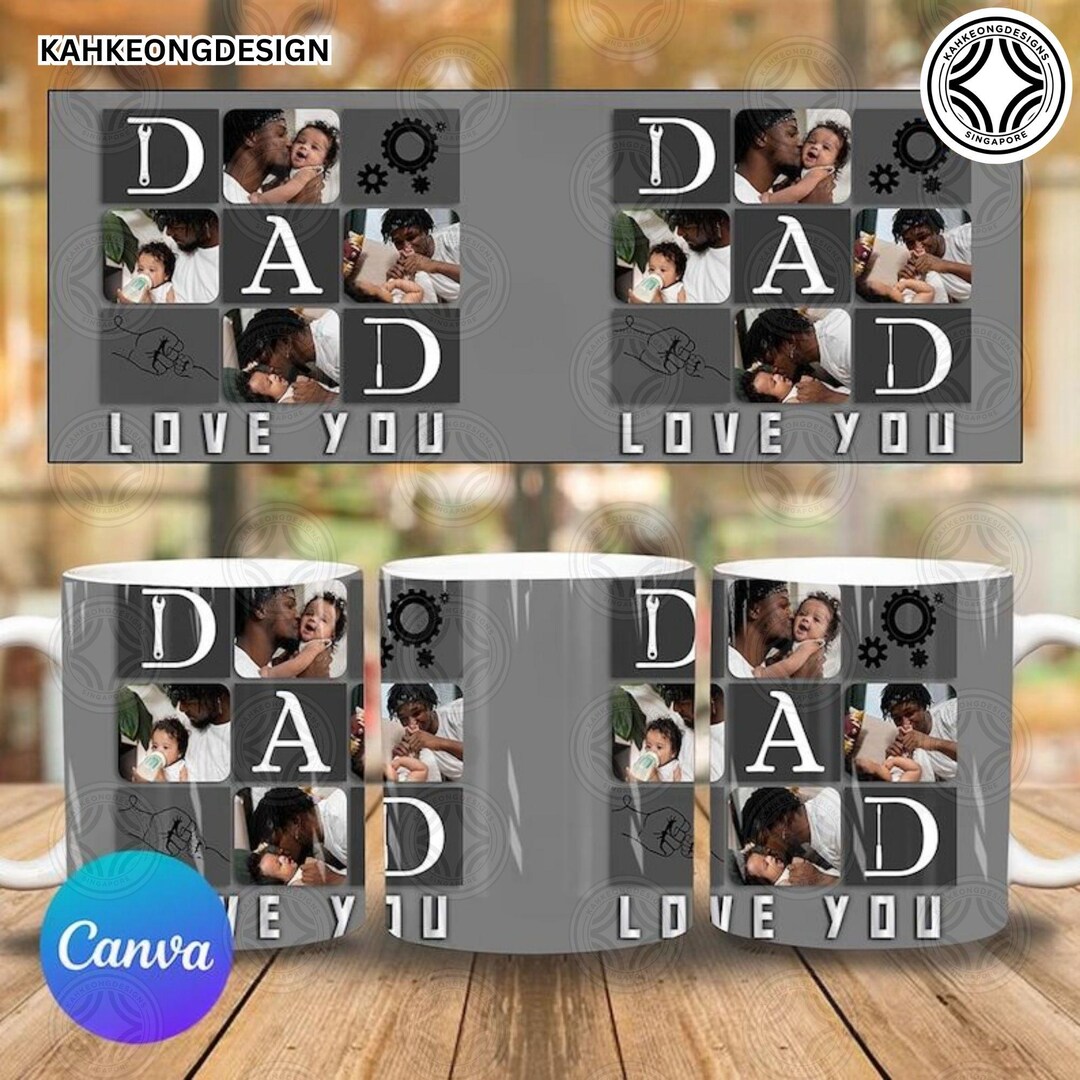 Canva Template Dad Photo Mug PNG File for Sublimation, Father Mug Photo Grid, Dad Mug Template ...