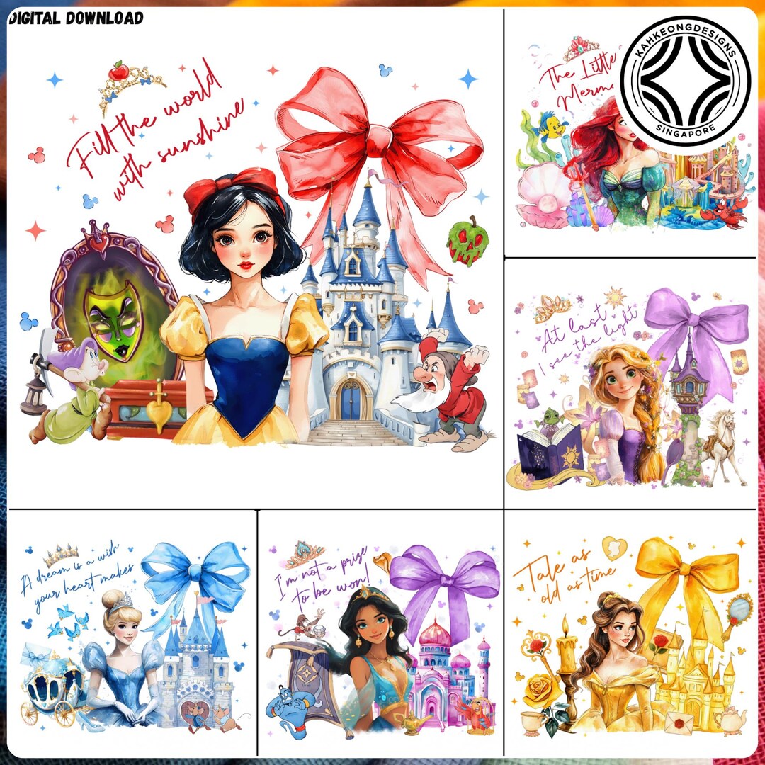 6 Coquette Princess Bundle Png, Watercolor Cartoon Princess Png ...