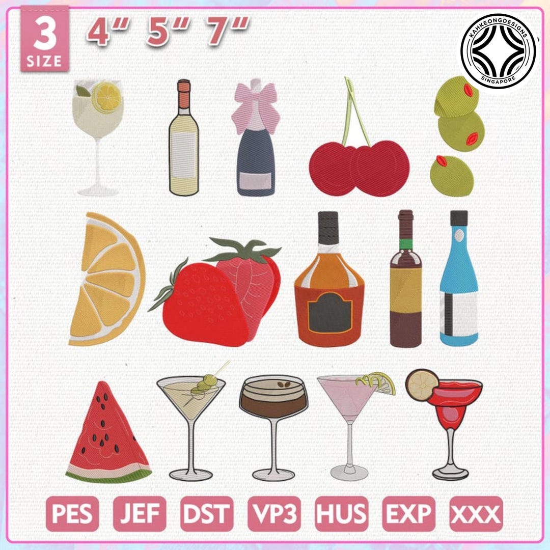 Set of 15 Mini Cocktail Embroidery Bundle, Mini Drinks Embroidery ...