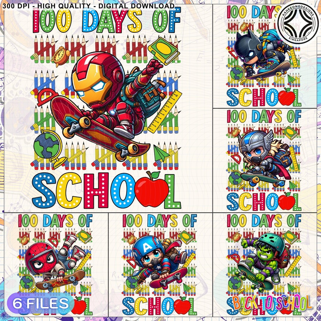 Superhero 100 Days of School Bundle, 100 Days of School Cartoon Png ...