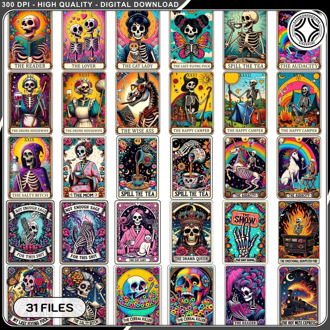 30+ Snarky Funny Tarot Card Bundle, Woman Skeleton Mother Sublimation ...