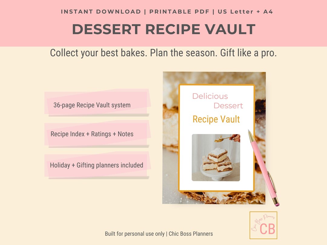 Dessert Recipe Vault Printable PDF Recipe Binder Planner Holiday Baking ...
