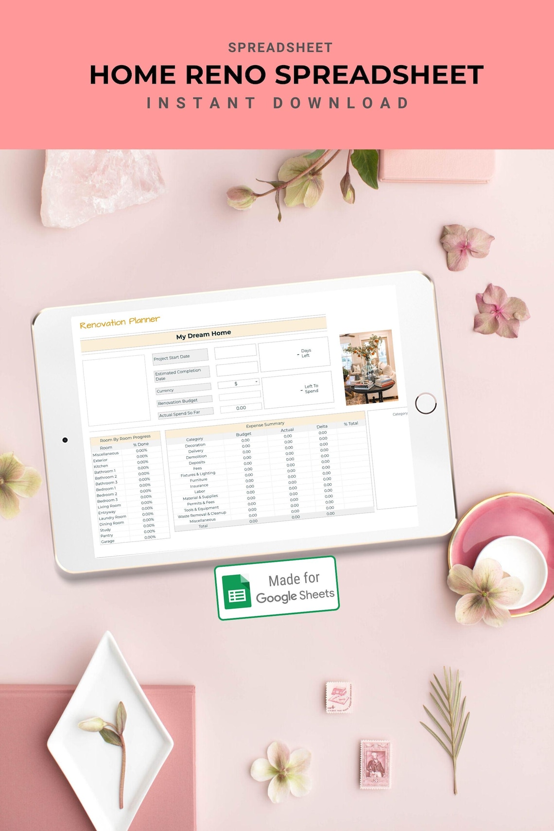 Home Renovation Budget Spreadsheet Planner Home Reno Google Sheet Home ...