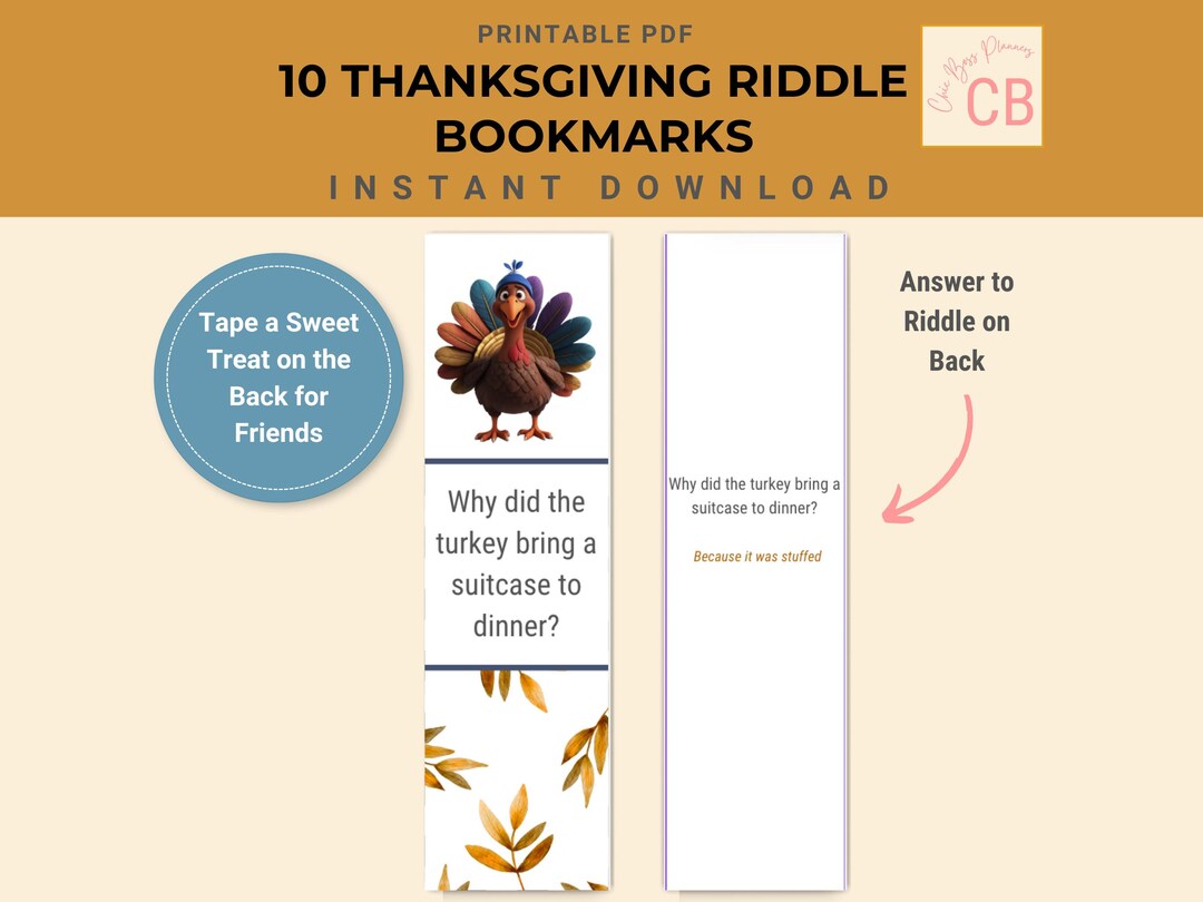 10 Printable Thanksgiving Riddle Bookmark for Kid Thanksgiving Joke on ...