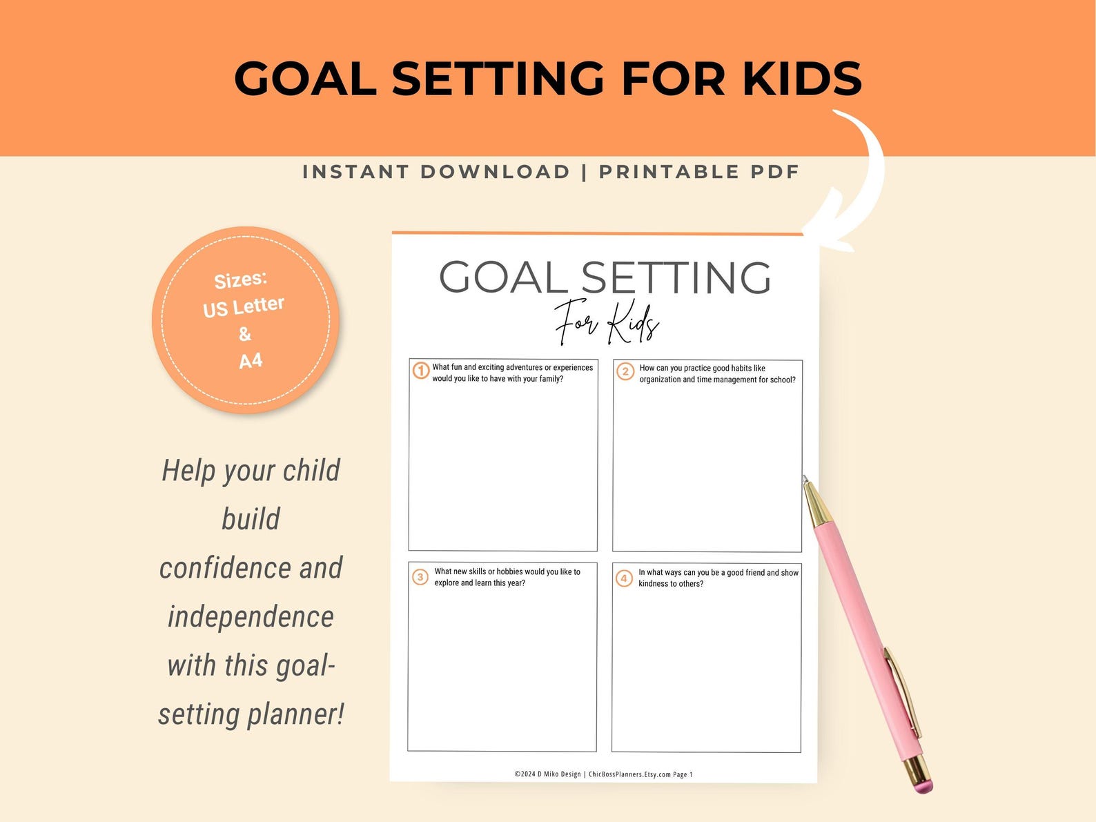 Kids Goal Planner Printable Goal Setting Worksheet for Children Growth ...
