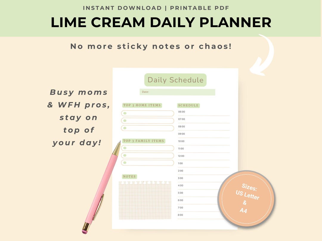 Daily Schedule Planner for Mom Work Schedule Lime Cream Printable Daily ...