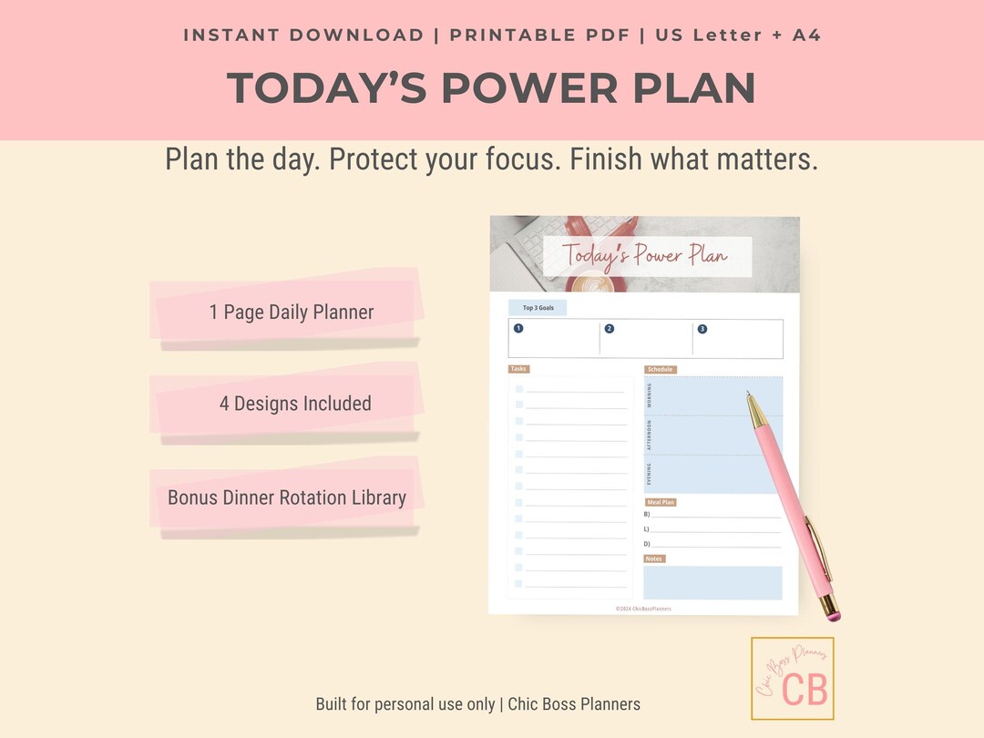 Today’s Power Plan Daily Planner Printable Goals Tasks Schedule Meal ...