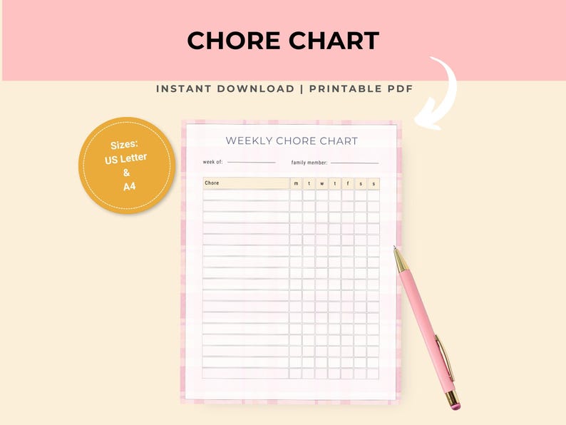 Printable Chore Chart for Kids Cleaning Schedule Pink Template Daily ...